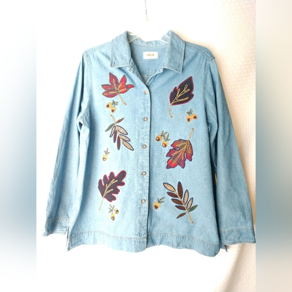 Talbots | Tops | Talbots Petites Denim Shirt Applique Embroidered Fall ...